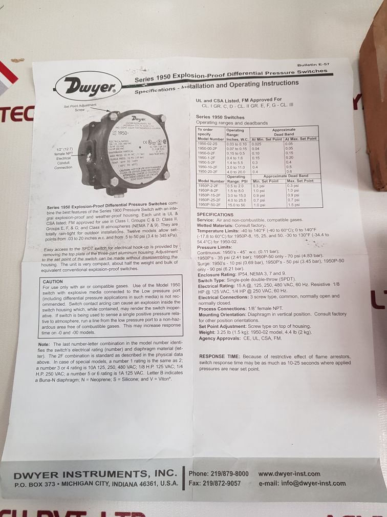 Dwyer 1950-00-2F Explosion-proof Differential Pressure Switch With Box ...