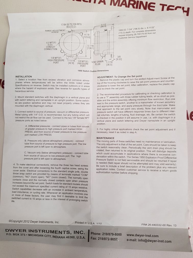 Dwyer 1950-00-2F Explosion-proof Differential Pressure Switch With Box ...