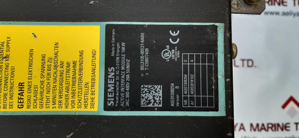 Siemens sinamics 6sl3100-0be21-6ab0 active interface module 16kw ver.B ...