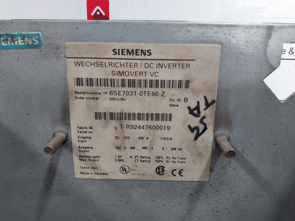 Siemens 6Se7031-0Te60-z G91+L30+ Simovert Vc Dc Masterdrive 110.0A Dc ...