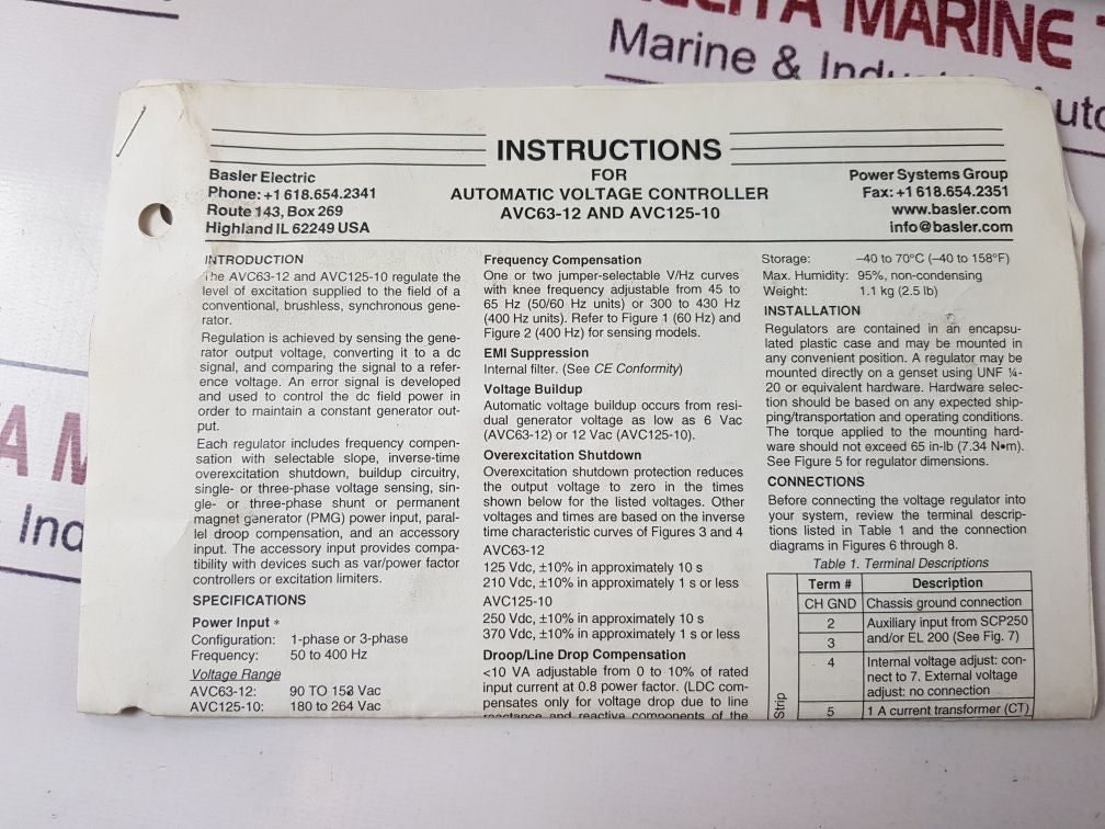 Basler Electric Avc63-12-a1 Analog Voltage Controller – Aeliya Marine