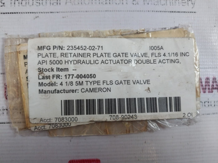 Cameron 235452-02-71 Retainer Plate Gate Valve Hydraulic Actuator Doub ...