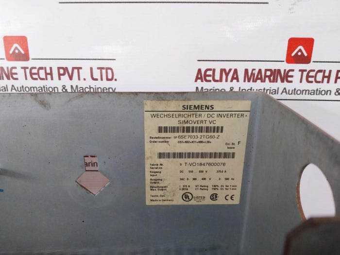 Siemens Simovert 6Se7033-2Tg60-z Masterdrive Dc Inverter Chassis Unit ...
